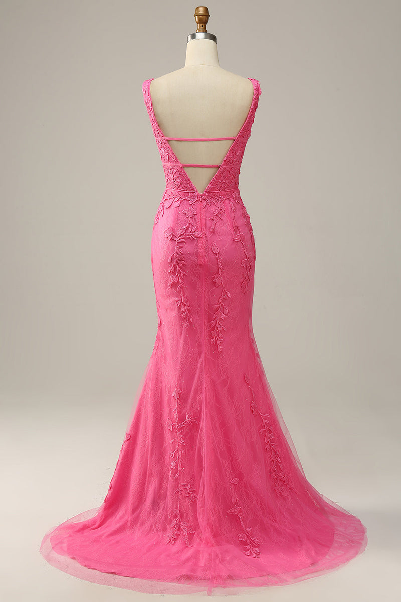 Zapaka Women Hot Pink Long Formal Dress With Lace Mermaid Deep V Neck
