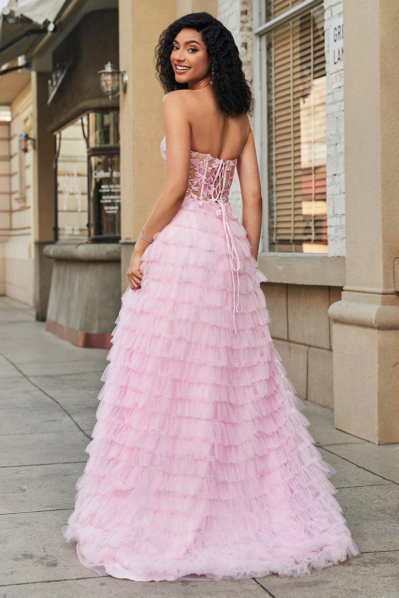 Zapaka Women Pink A Line Strapless Tiered Long Corset Prom Dress With Accessories Set Zapaka Au